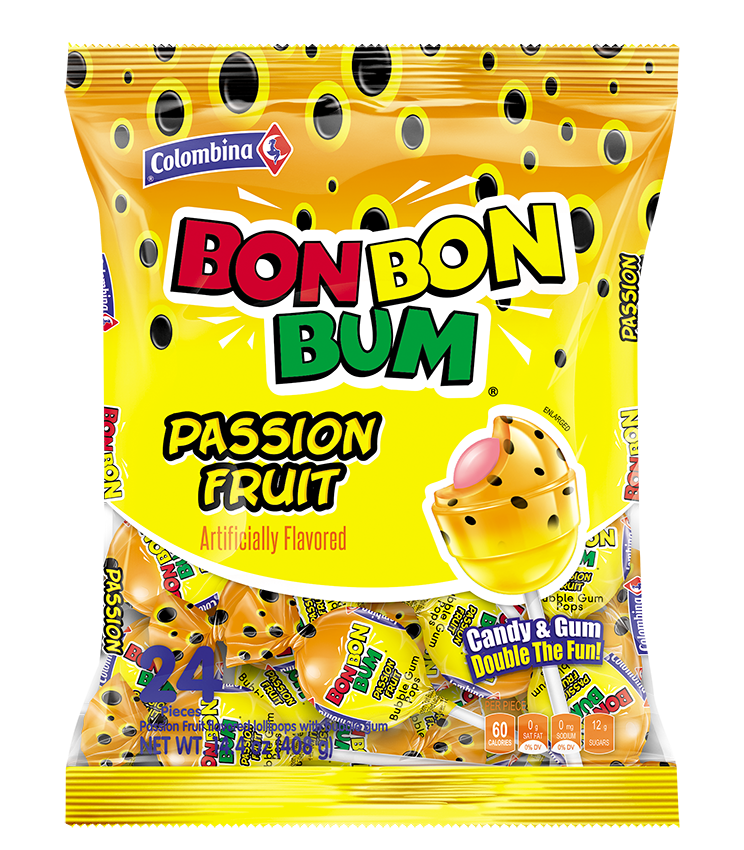 BON BON BUM Chupeta sabor Parchita COLOMBINA (408 grs. / 24 unidades ...